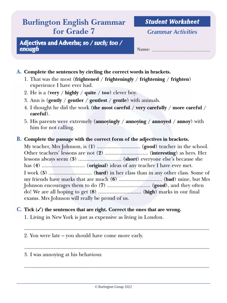 Burlington English Grammar Worksheet_2 | PDF | English Grammar