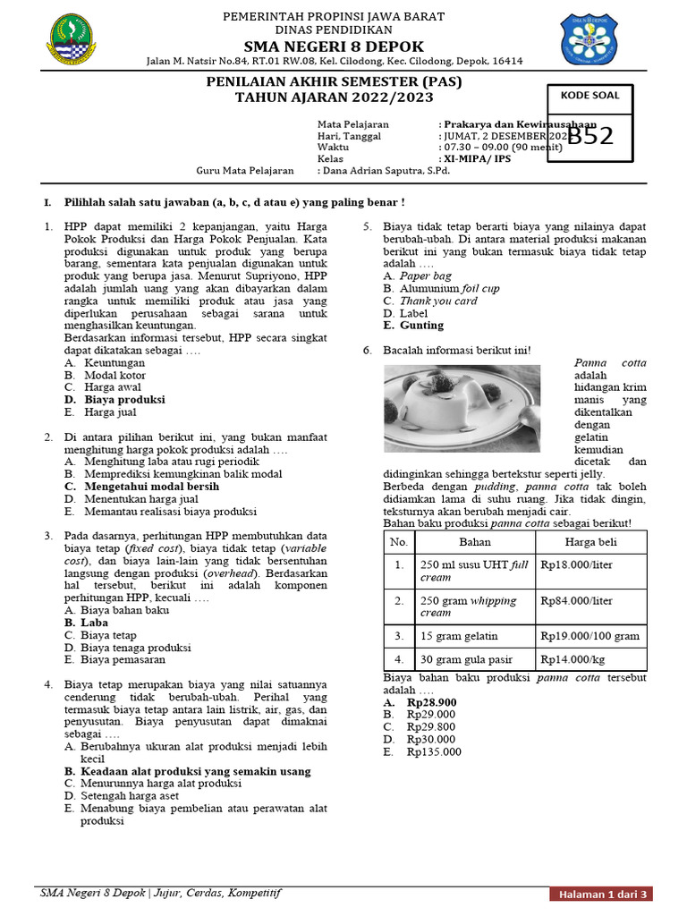 Latihan Soal PKWU 12 | PDF