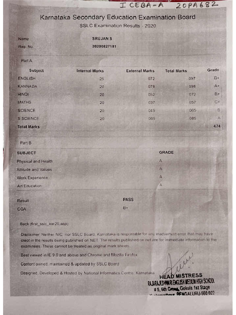10th Marks Card | PDF