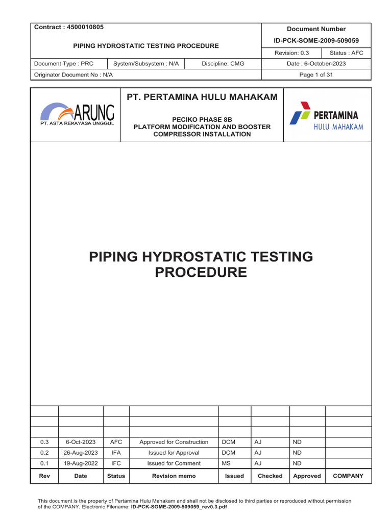 ID PCK SOME 2009 509059 - Rev0.3 Piping Hydrostatic Testing Procedure | PDF
