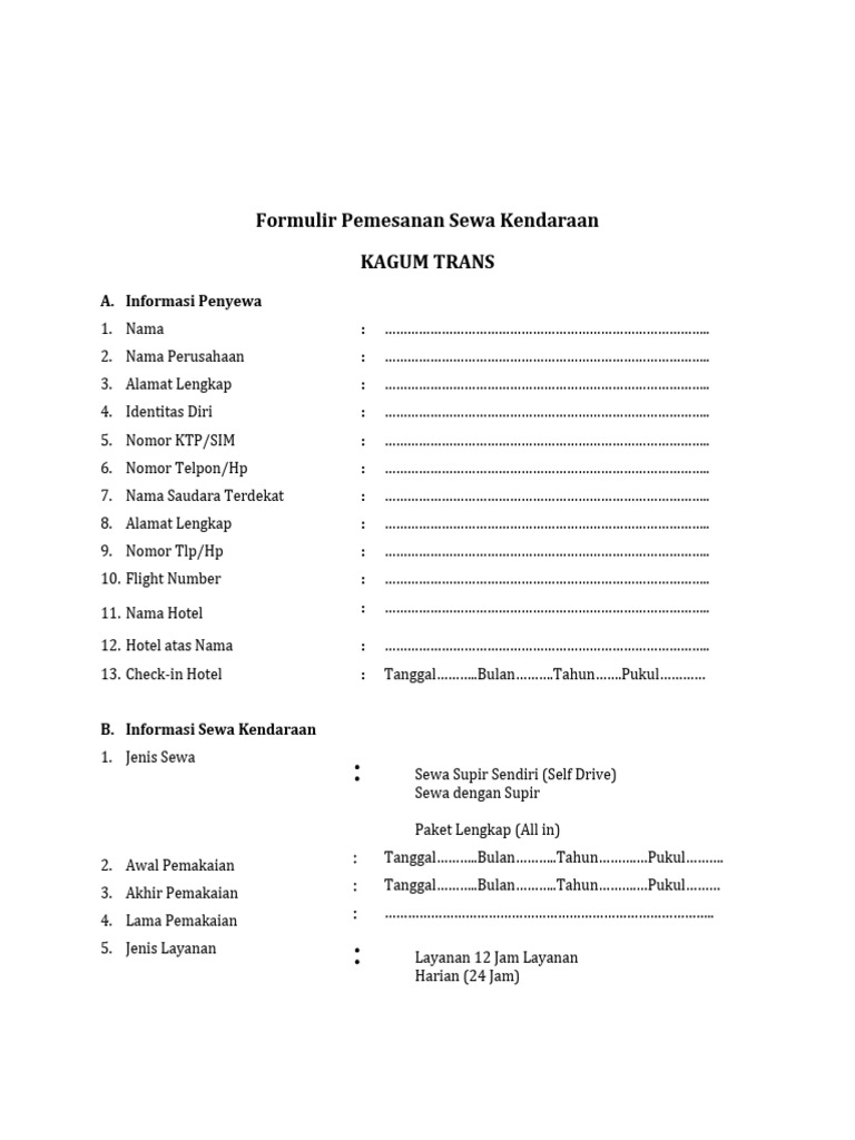 Formulir Penyewaan Kendaraan | PDF