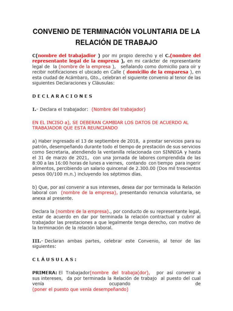 Convenio de Terminación Voluntaria de La Relación de Trabajo | PDF