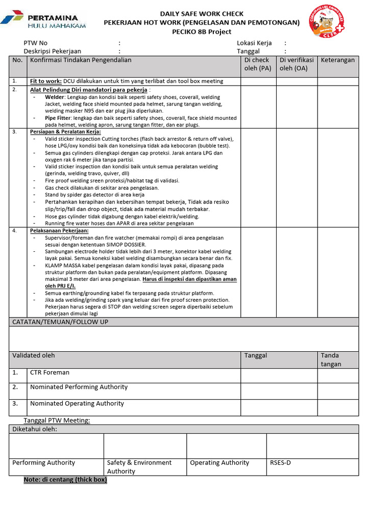 Daily Safe Work Check Pengelasaan Rev 01 | PDF