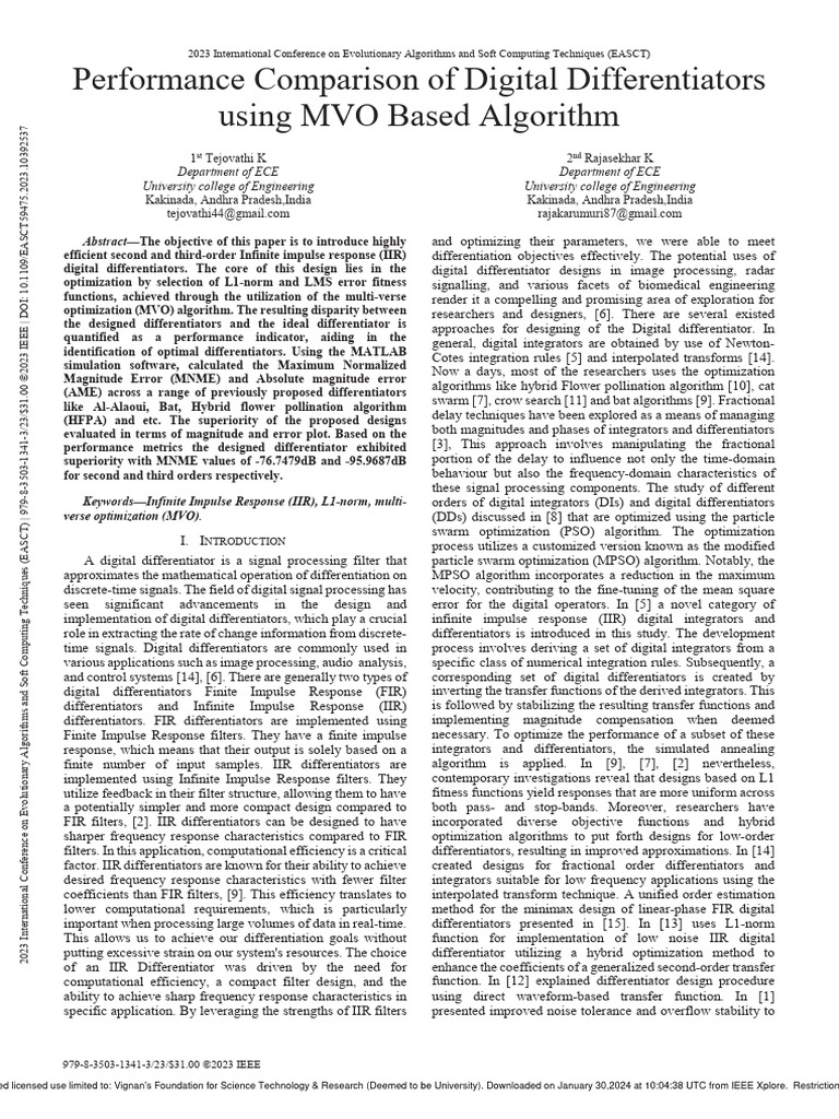 Performance Comparison of Digital Differentiators Using MVO Based Algorithm | PDF | Computer ...