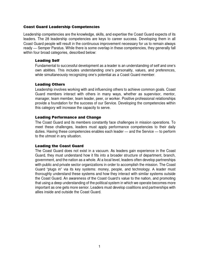 Coast Guard 28 Leadership Competencies | PDF | Leadership | Goal