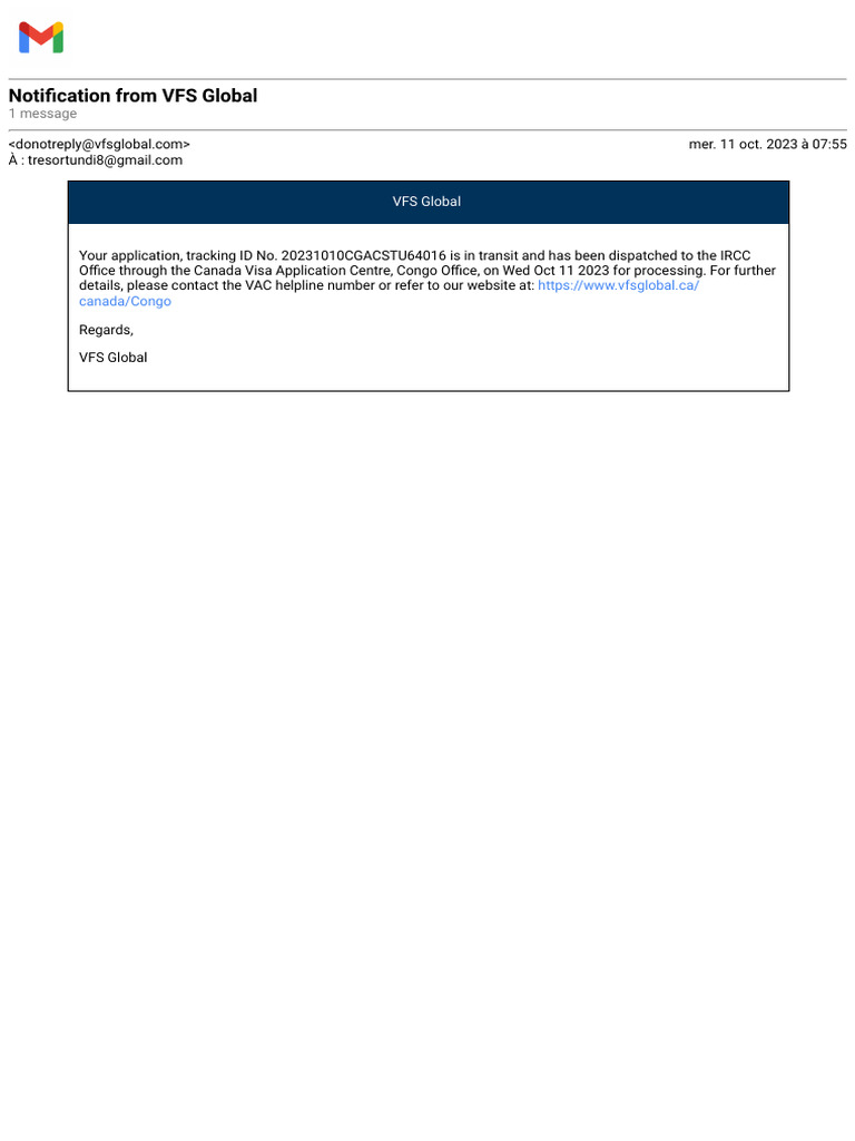 Gmail - Notification From VFS Global | PDF | Finance & Money Management