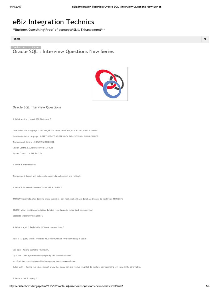 Ebiz Integration Technics - Oracle SQL - Interview Questions New Series | PDF | Sql | Table ...