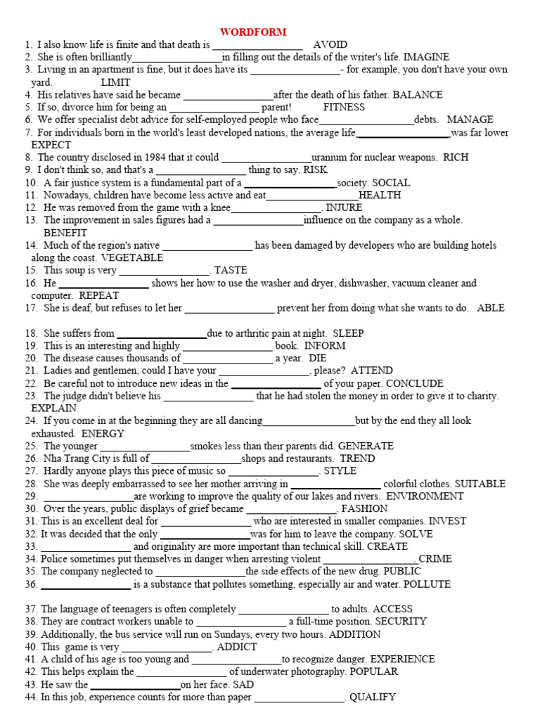 100 Câu Wordform Hk1 - ta11 Ilsw - bài Tập Làm Thêm - by Diên Khánh | PDF