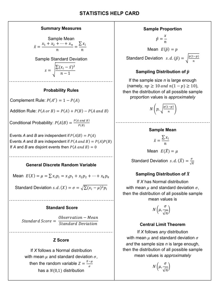 Statistics Help Card Formulas | PDF | Standard Error | Probability Distribution