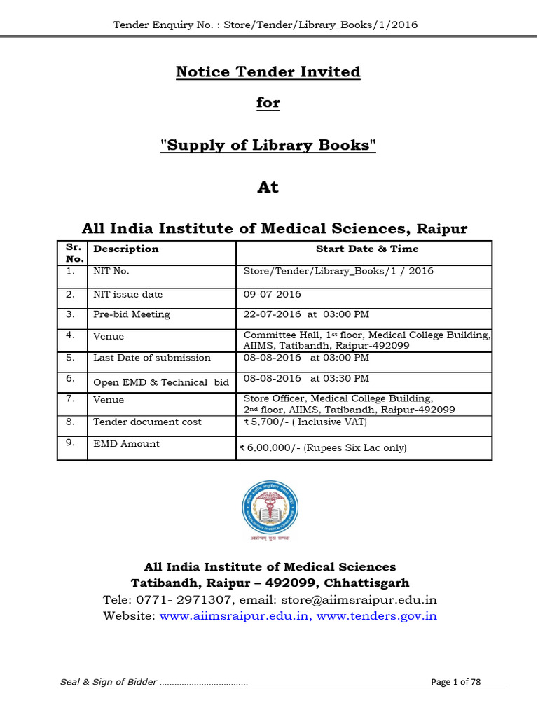 Tender For Library Books For Central Library at AIIMS, Raipur | PDF ...