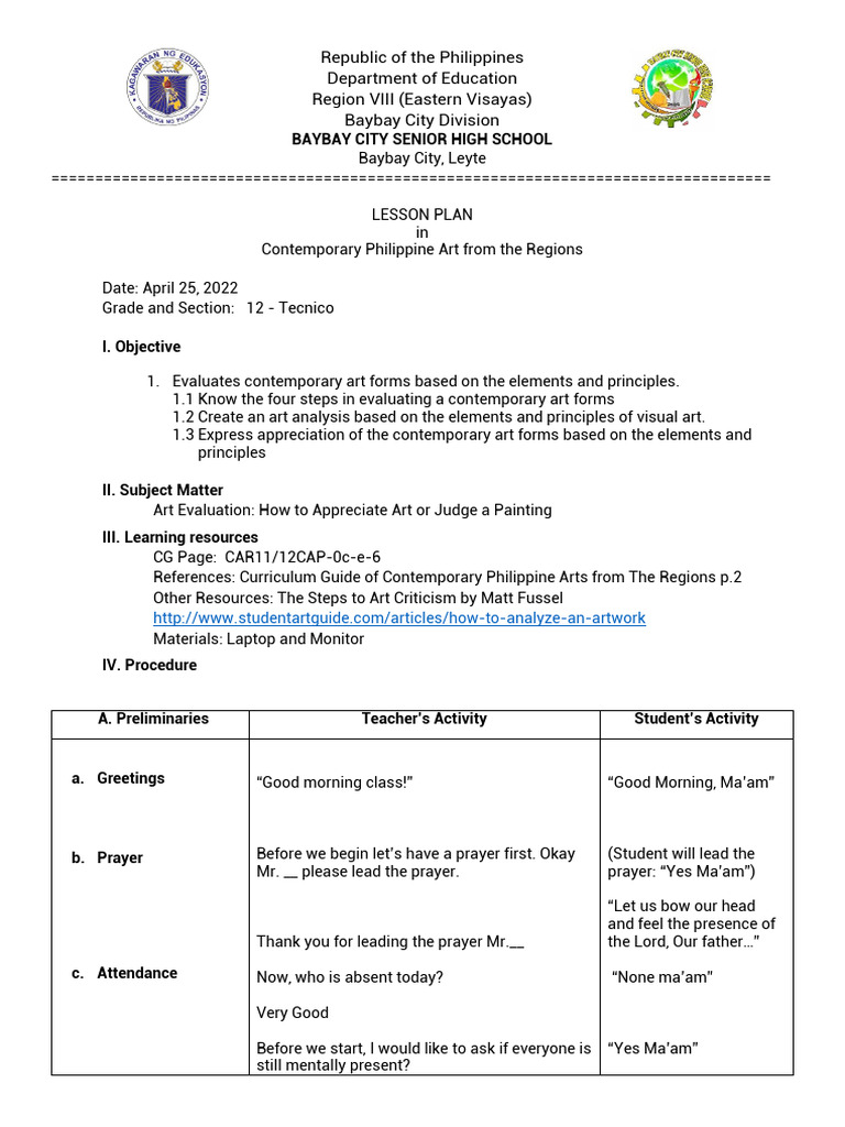 Detailed Lesson Plan-BCSHS _ Contemporary Arts | Download Free PDF ...