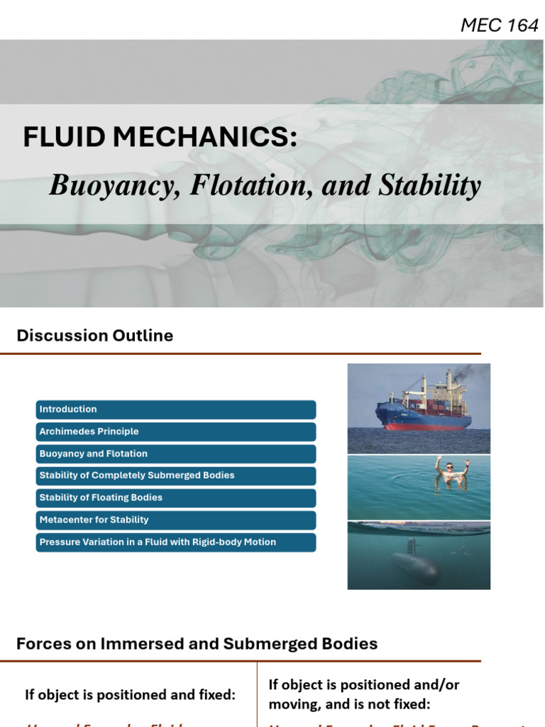 MEC 164 Fluid Mechanics Buoyancy Flotation and Stability | PDF | Buoyancy | Mechanical Engineering