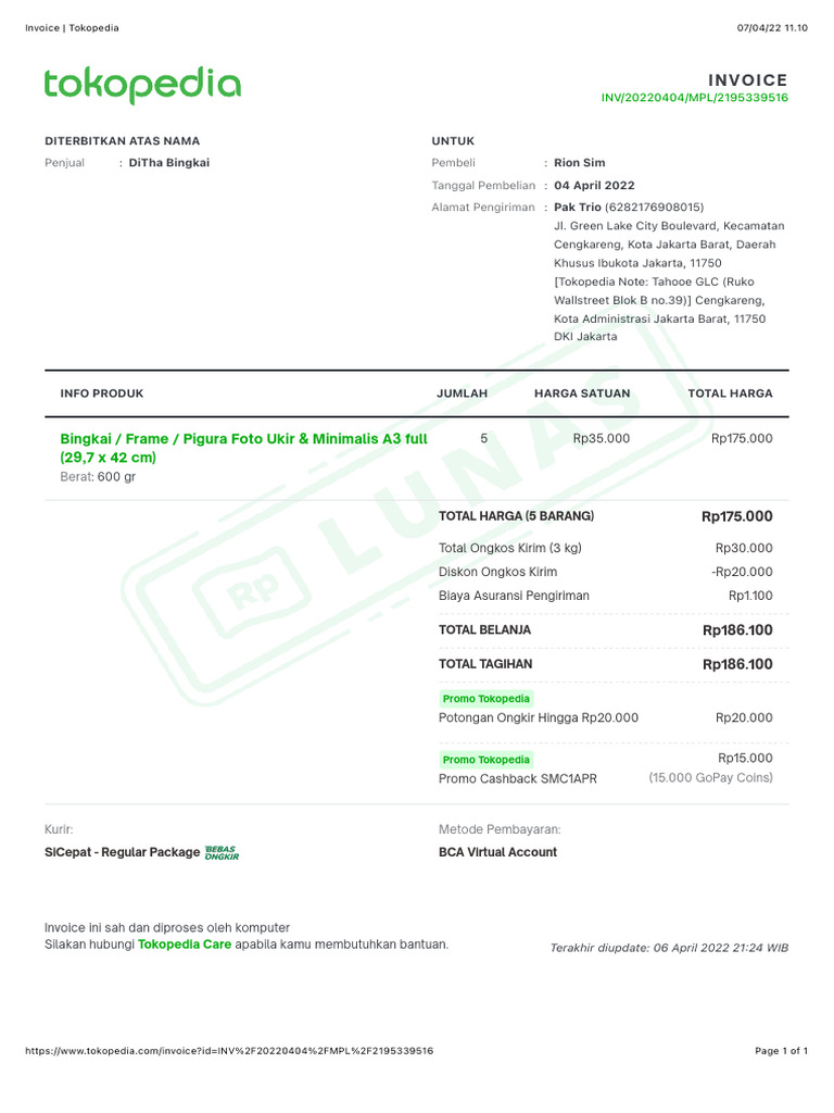 Invoice - Tokopedia | PDF