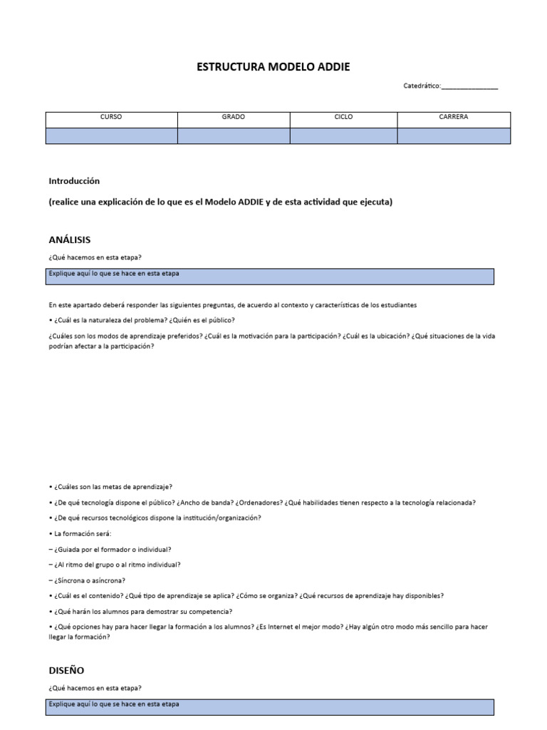 Estructura Editable Modelo Addie | Descargar gratis PDF | Aprendizaje ...