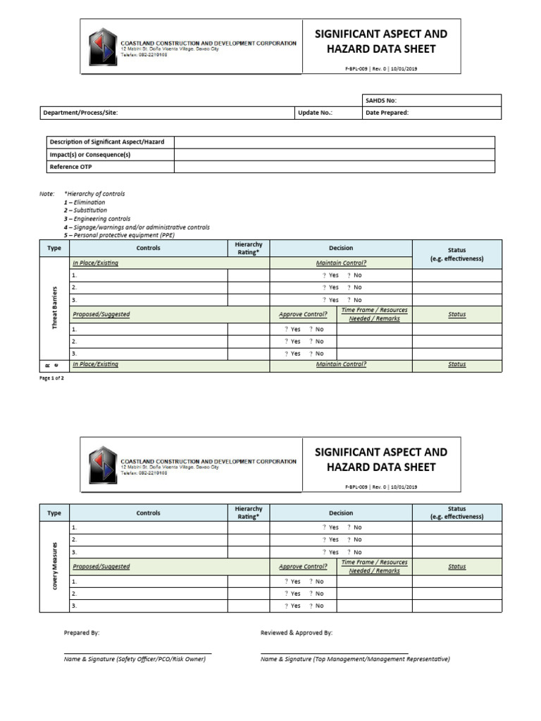 F-BPL-009 Significant Aspect and Hazard Data Sheet - Rev 0 - 10012019 ...