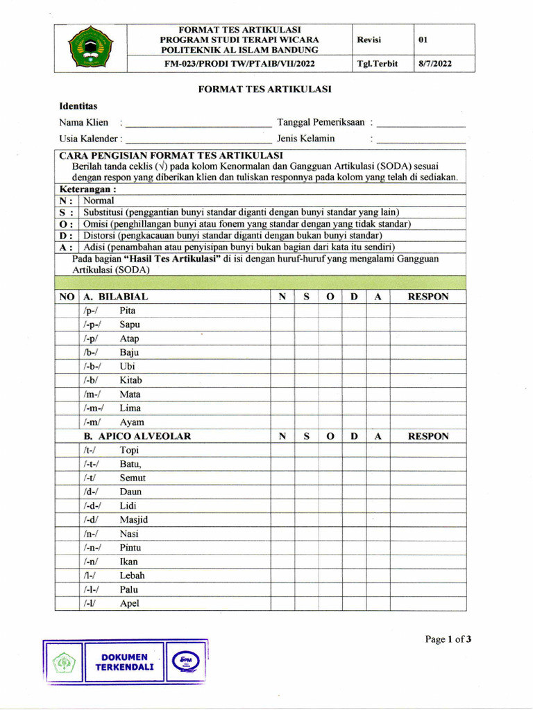 Format Tes Artikulasi | PDF