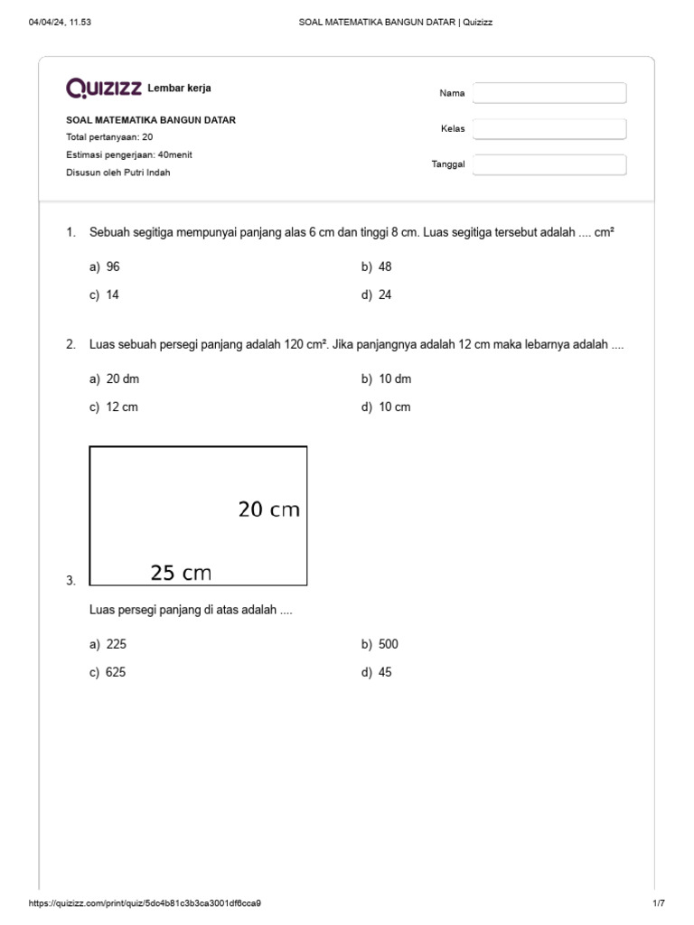 Soal Matematika Bangun Datar Quizizz Pdf