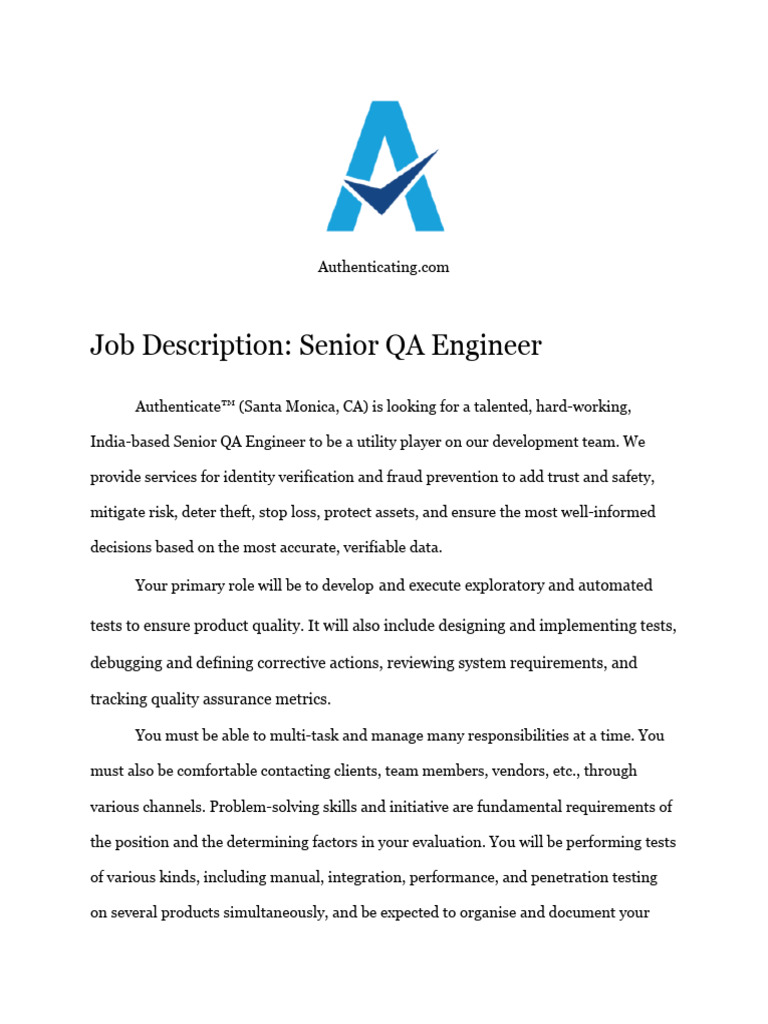 Senior Quality Assurance Engineer | PDF | Quality Assurance | Experience