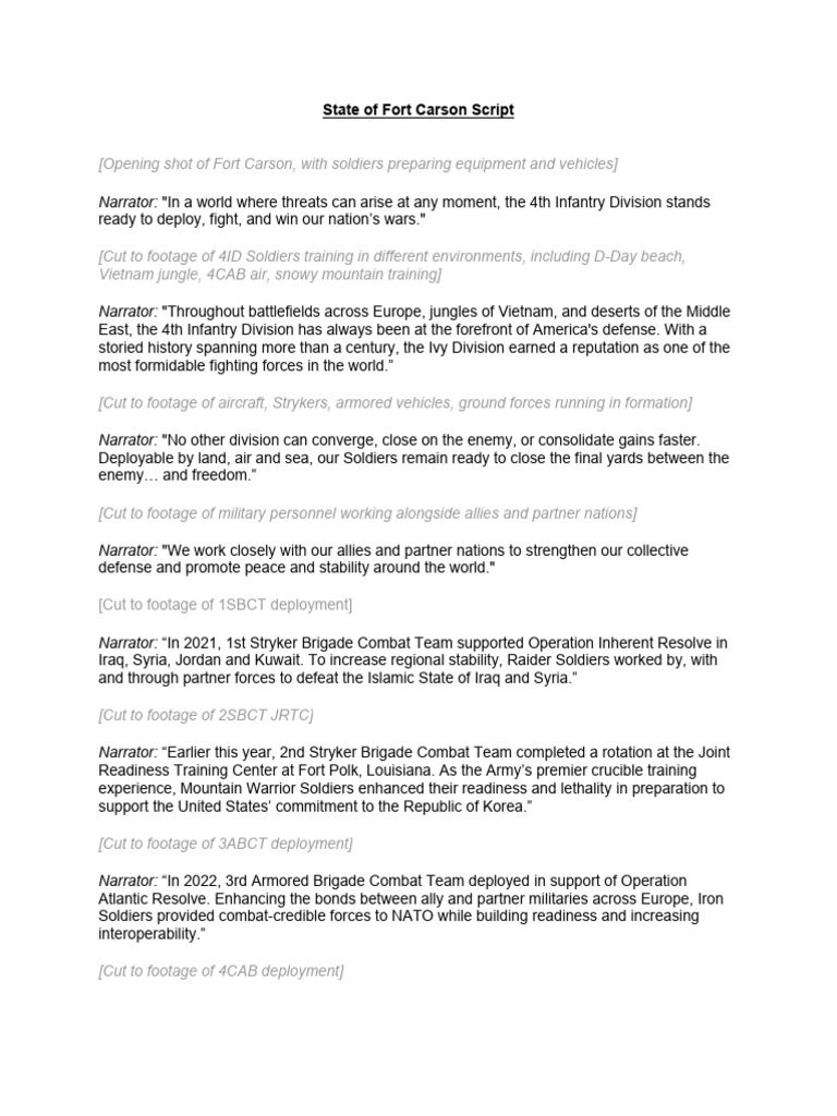 State of Fort Carson Script | PDF | Military Organization | Conflicts