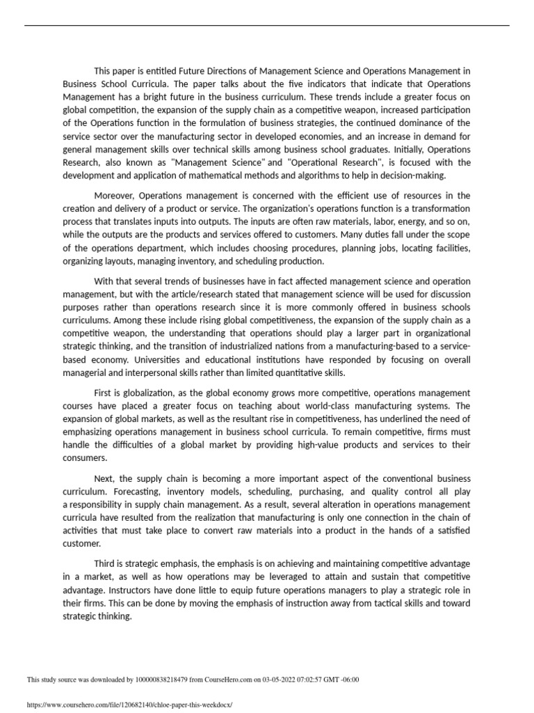 Reaction Paper For Week3 | PDF | Operations Management | Curriculum