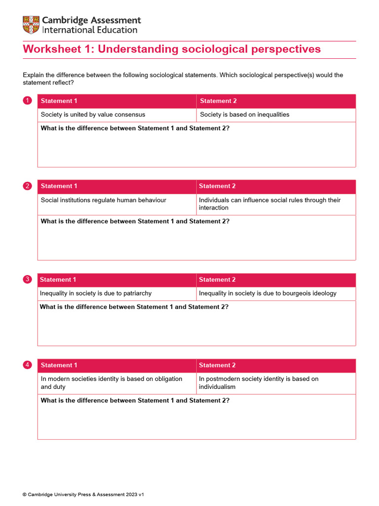 AO1 Worksheet 1 Understanding Sociological Perspectives | PDF