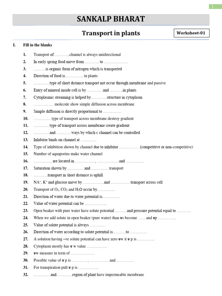 Worksheet - 01 - Transport in Plant - Botany | Download Free PDF ...