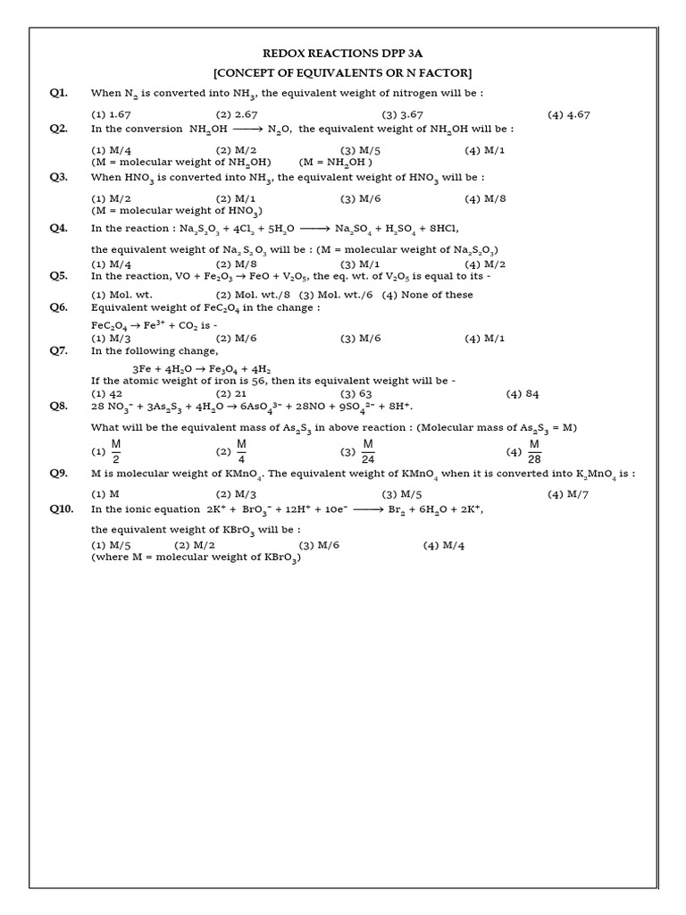Redox Reactions DPP 3A - (Concept of Equivalents or N Factor) | PDF | Metrology | Physical Sciences