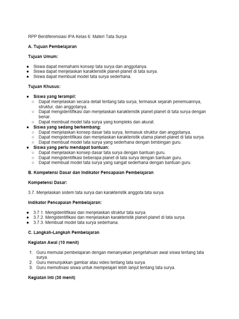 Rpp berdiferensiasi mapel ipas kelas 6 materi tat... | PDF