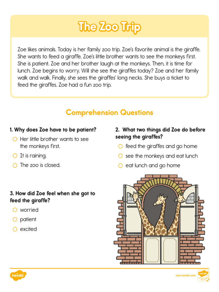 Digital Kindergarten The Zoo Trip Reading Passage Comprehension ...