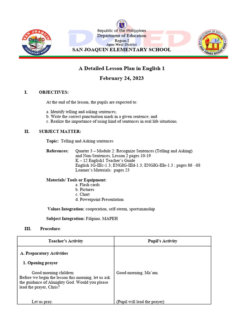 A Detailed Lesson Plan in English 1 | PDF | Lesson Plan | Behavior ...
