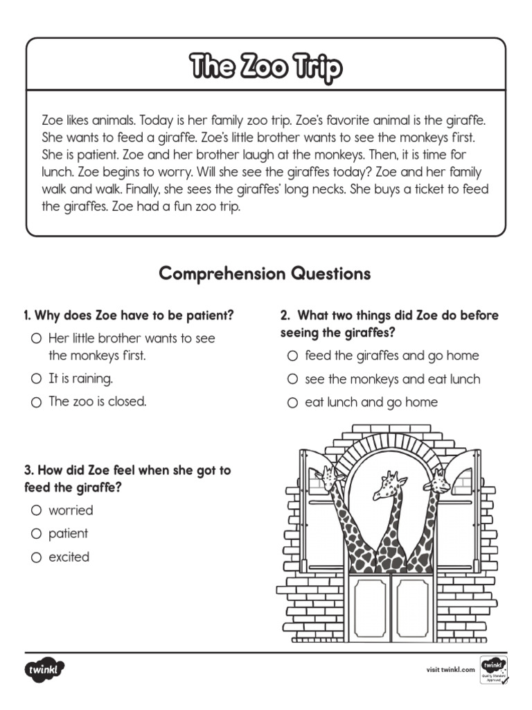 Black and White Kindergarten the Zoo Trip Reading Passage Comprehension ...