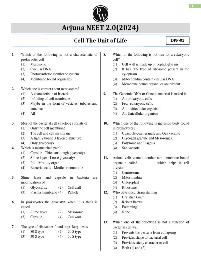 Cell-The Unit of Life - DPP-02 | PDF | Cell (Biology) | Bacteria