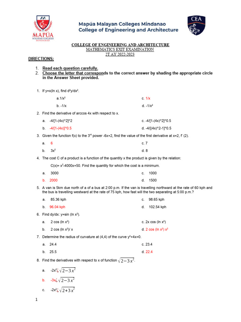 Mathematics Exit Exam Questionnaire Set A Key | PDF | Area | Integral