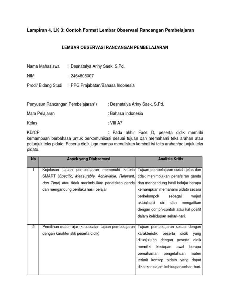 Lampiran 4. LK 3 Contoh Format Lembar Observasi Rancangan Pembelajaran ...