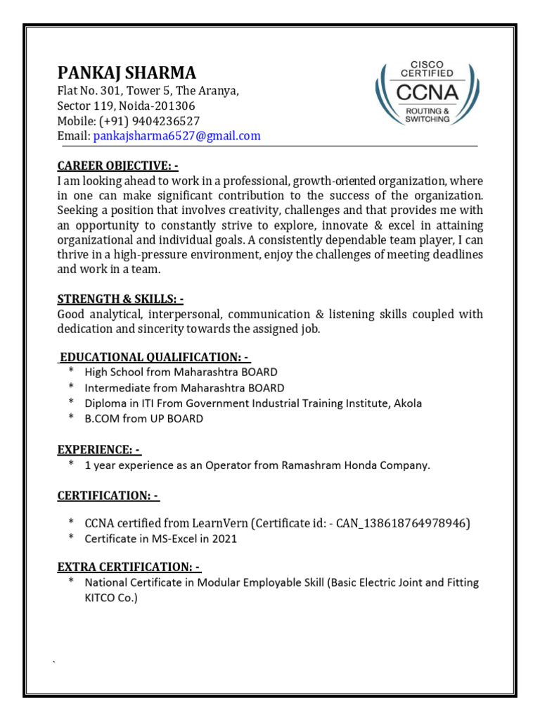 IT Pankaj Sharma Resume | PDF | Computer Network | Local Area Network