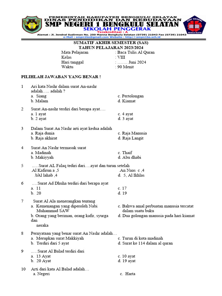 SOAL BTA KELAS 8 SEMS 2 - Laporan | PDF