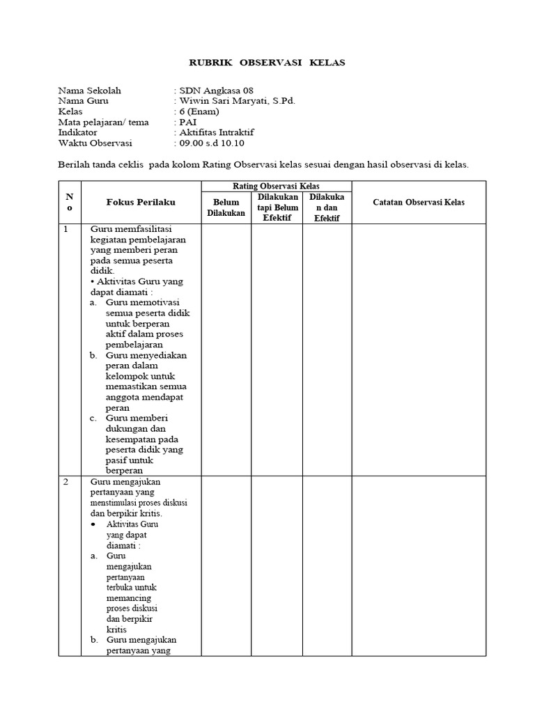 RUBRIK OBSERVASI KELAS 2 M arif | PDF