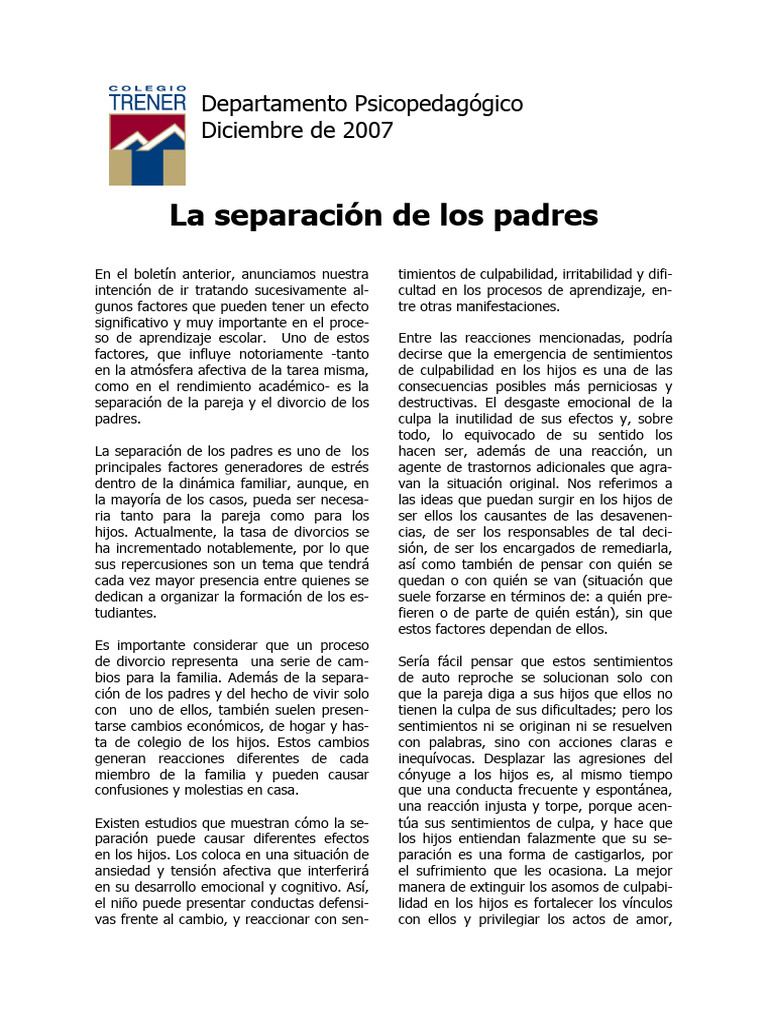 Boletin - Separacion de Los Padres | PDF | Divorcio | Las emociones