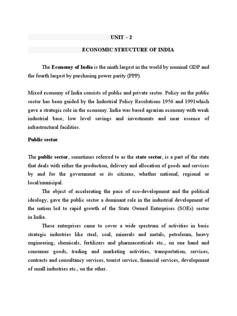 Unit - 2 Economic Structure of India | PDF | Economic Growth | Market ...