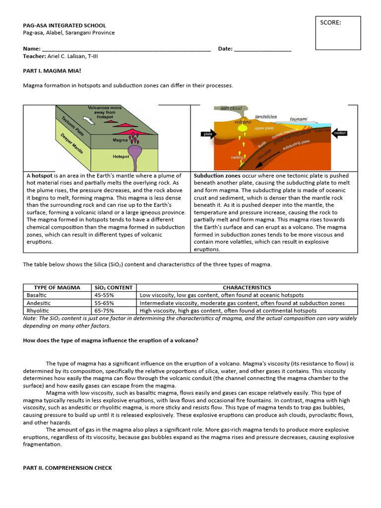 Magma Worksheet Pdf Magma Types Of Volcanic Eruptions