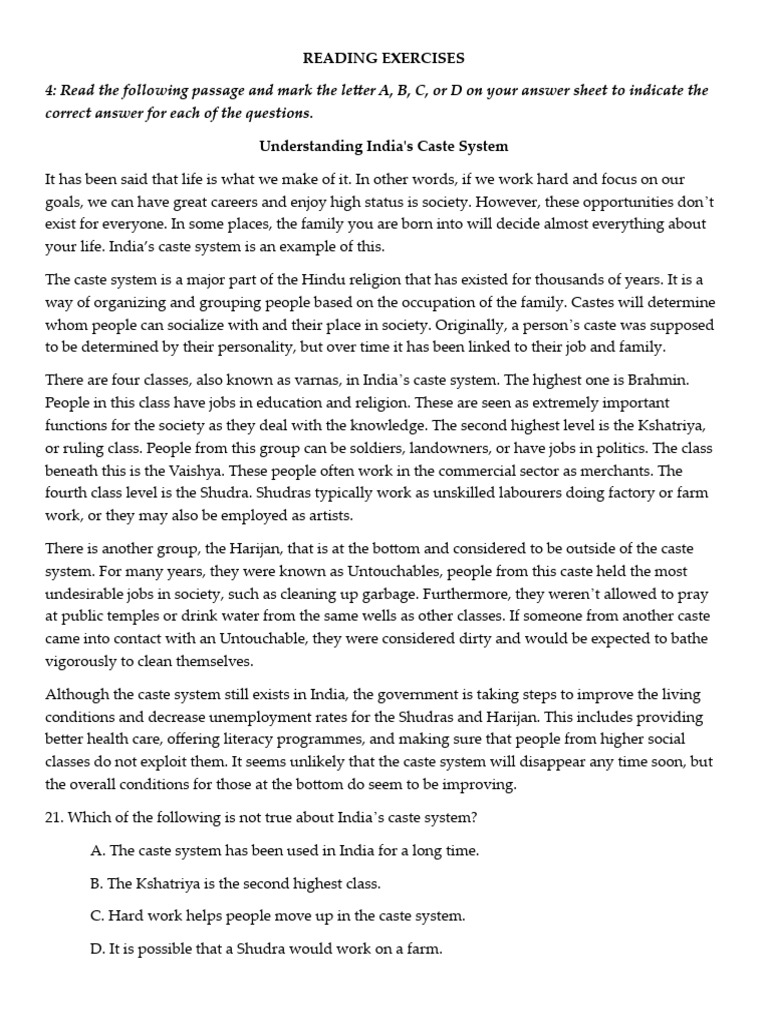READING EXERCISES | PDF | Noise | Caste