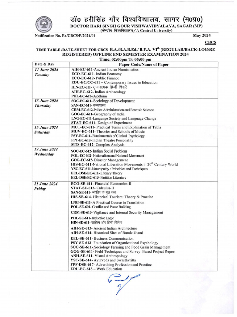 TIME TABLE Date Sheet 29 June 2024 | PDF
