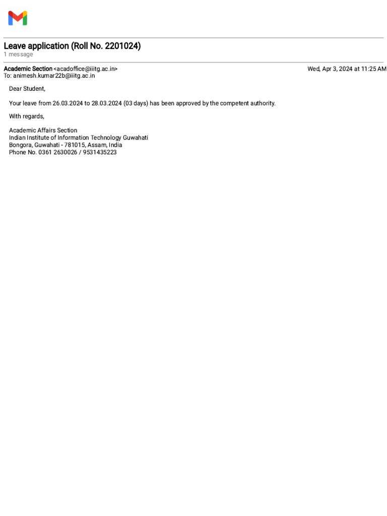 Gmail - Leave application (Roll No. 2201024) (1) | PDF