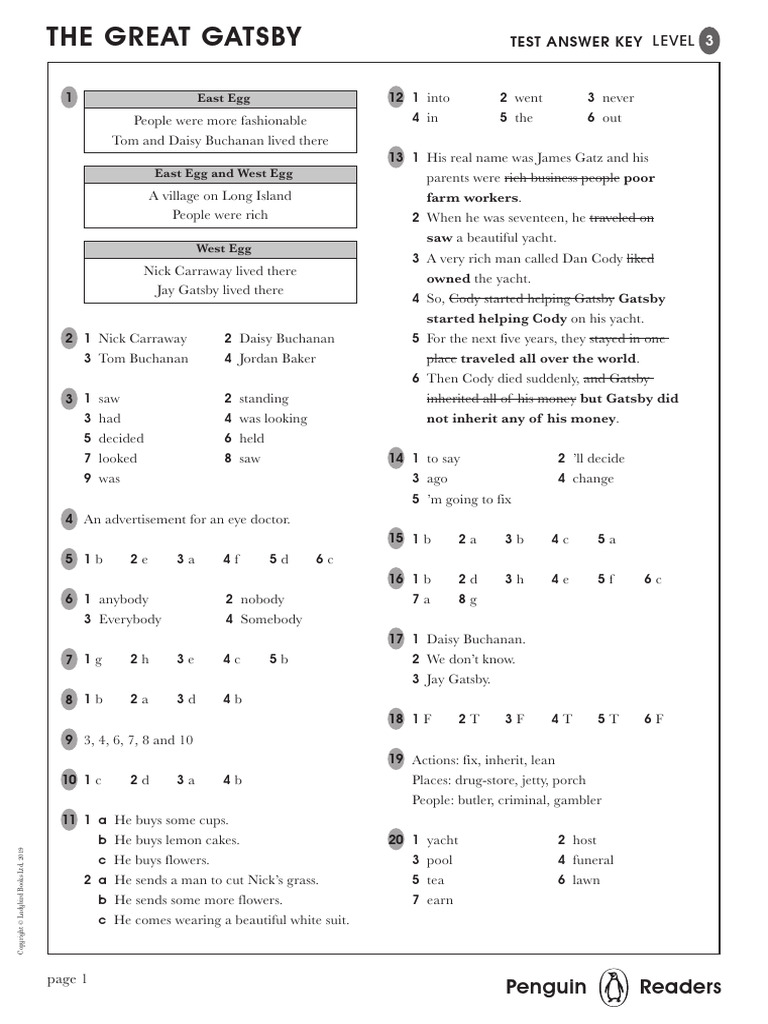 PR THE GREAT GATSBY TestAnswerKey | PDF | The Great Gatsby | Literary ...