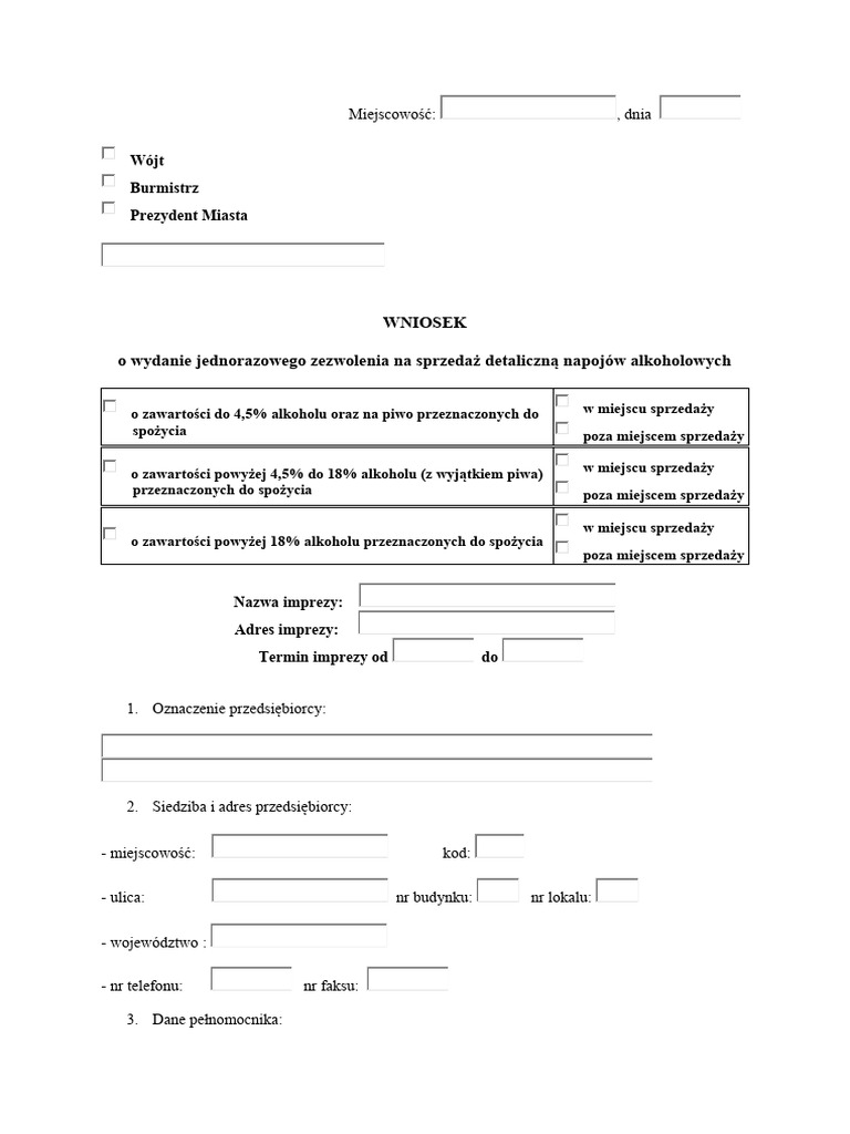 Wniosek o Wydanie Jednorazowego Zezwolenia Na Sprzedaz Detaliczna Napojow Alkoholowych ...