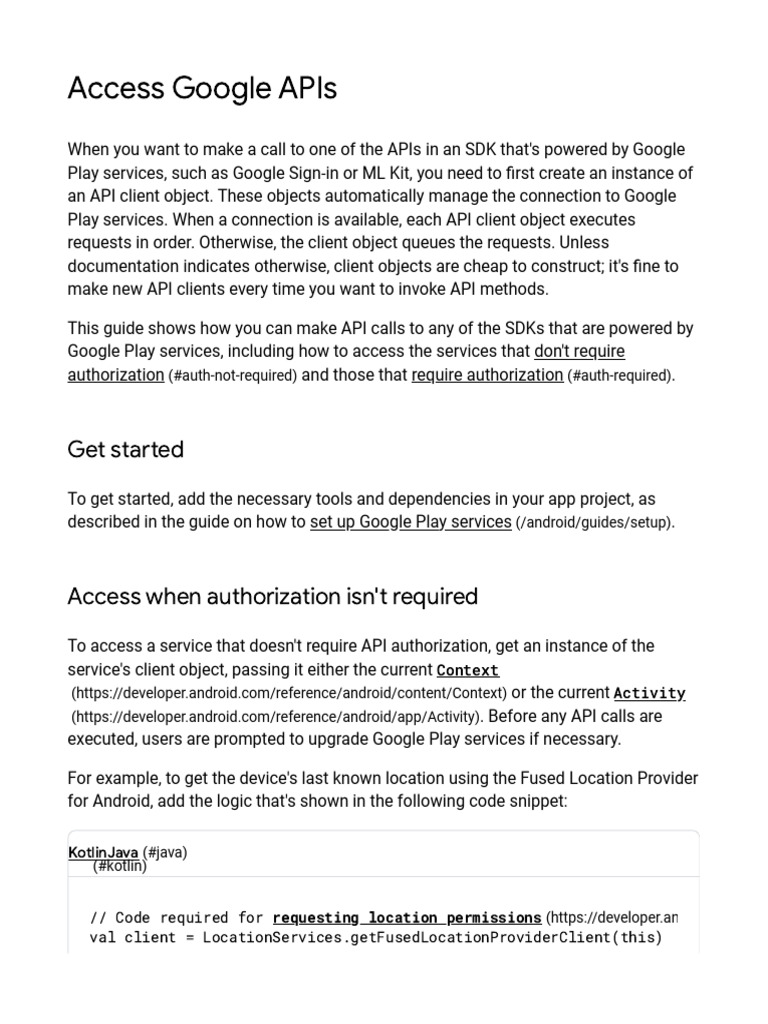 Access Google APIs - Google Play Services - Google For Developers | PDF | Google Play | Android ...