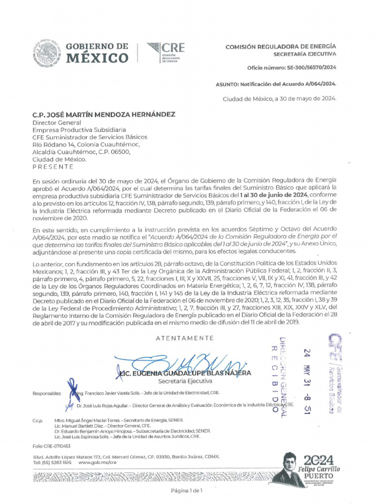 Oficio SE 300 56570 2024 Acuerdo A 064 2024 TFSB Junio 2024 | PDF