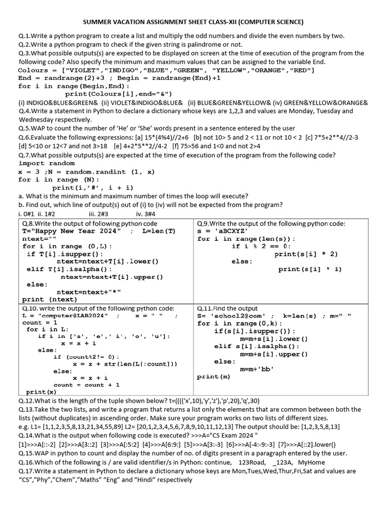 Summer Vacation Assignment Xii CS 2024 | PDF | Blue | Computer Programming