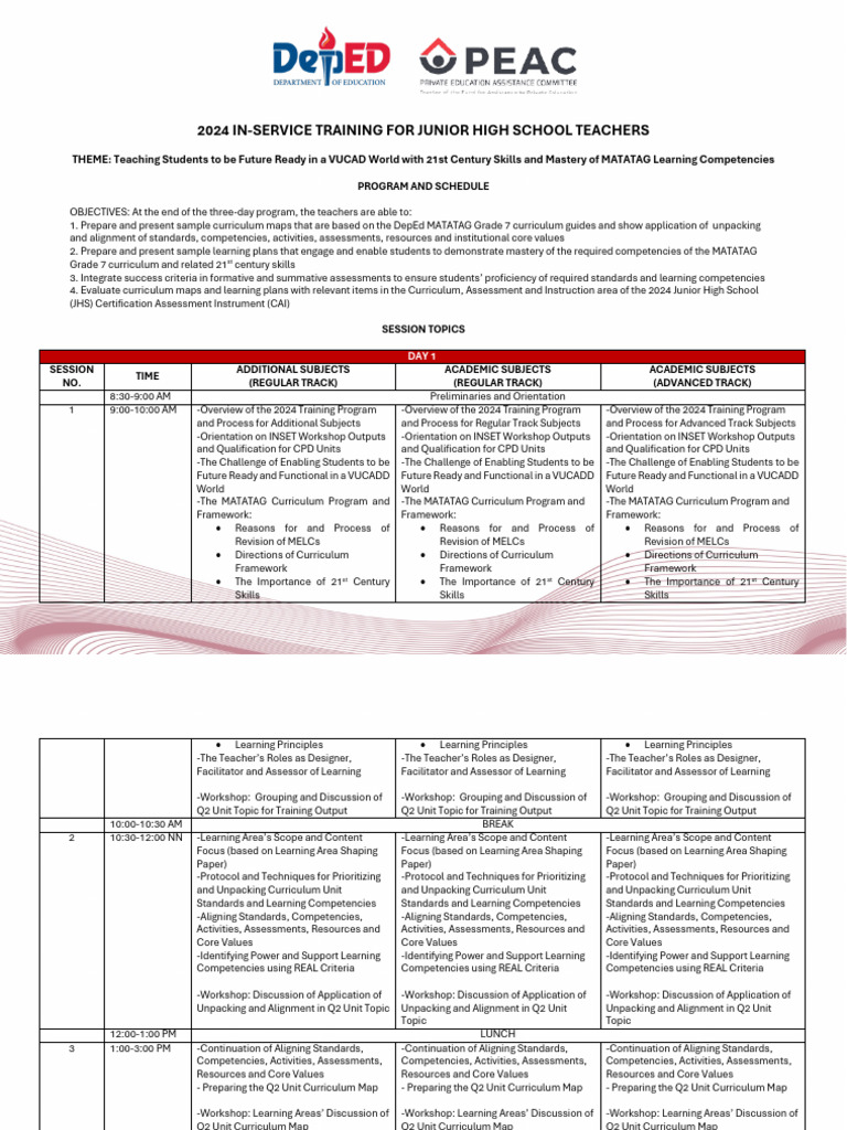 PROGRAM_2024 INSET for JHS Teachers | PDF | Educational Assessment | Curriculum