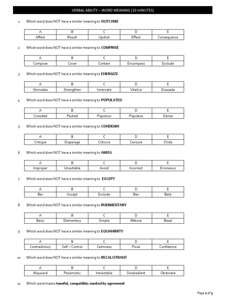 Verbal Ability: Word Meaning Test | PDF
